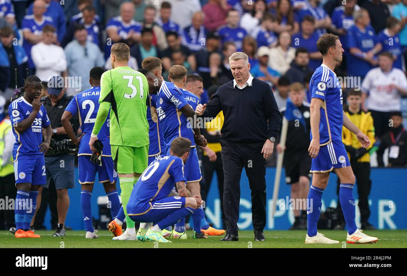 Leicester City manager Dean Smith greets his players after the Premier ...