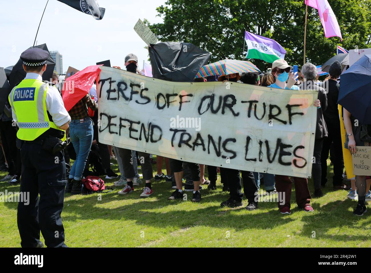 London, UK. 28 May 2023. Transgender rights activists counter-protest ...