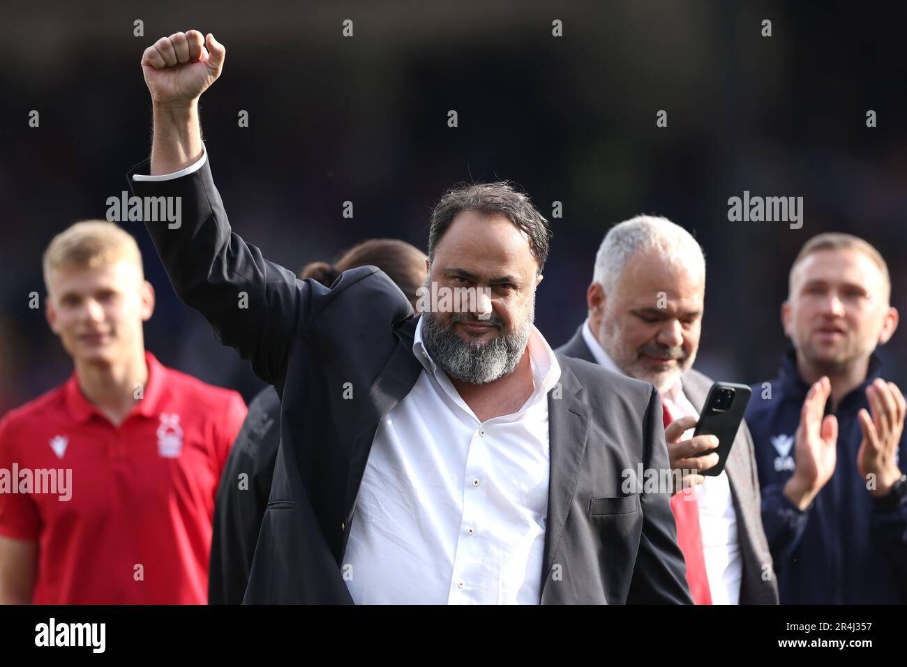 Nottingham Forest owner Evangelos Marinakis gestures to the fans after ...