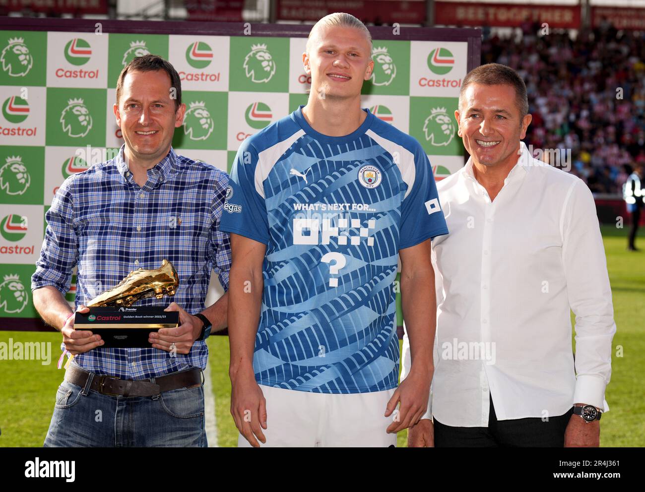 Manchester City's Erling Haaland is presented with the Castrol Golden ...