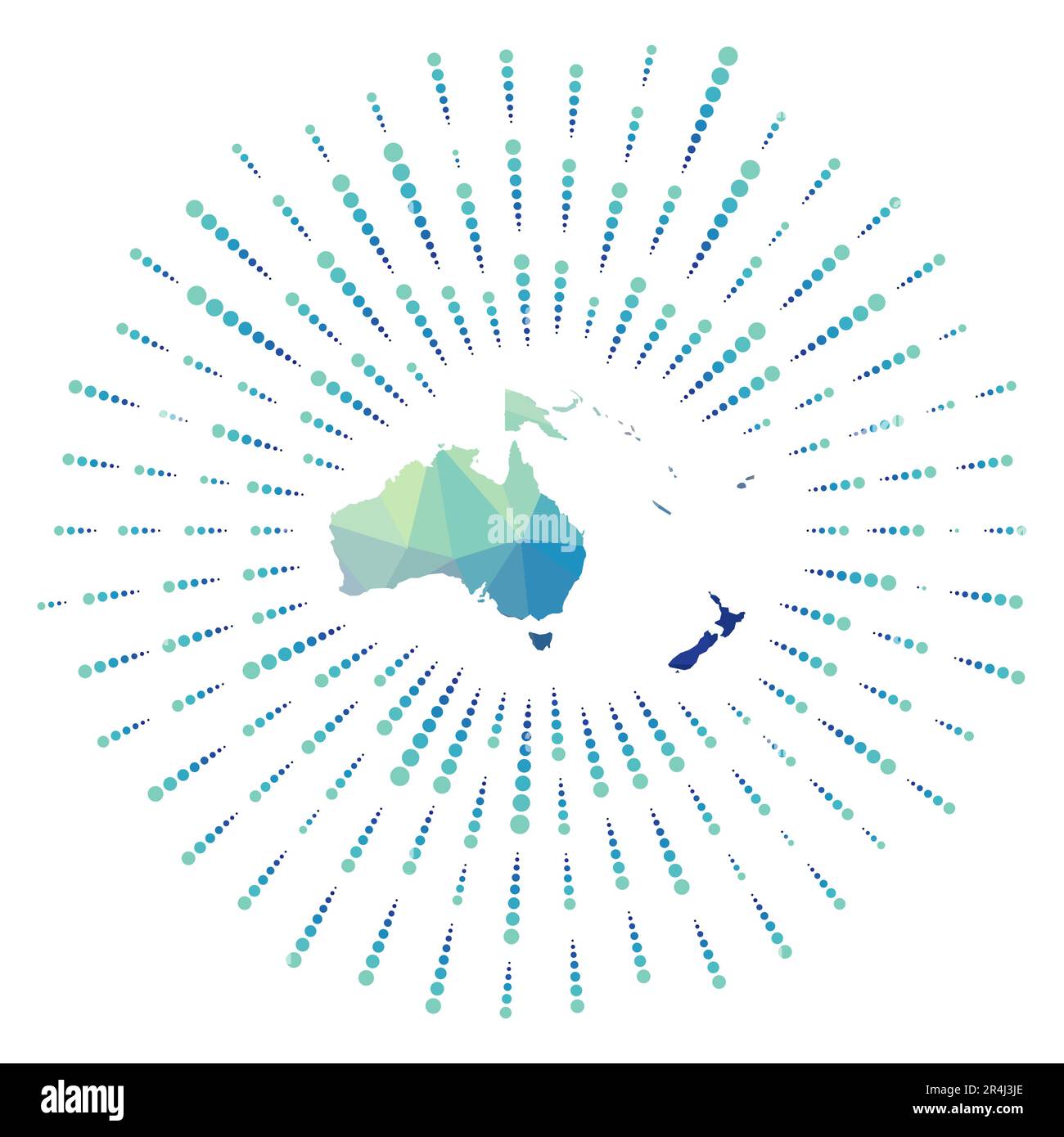 Shape of Oceania, polygonal sunburst. Map of the continent with ...