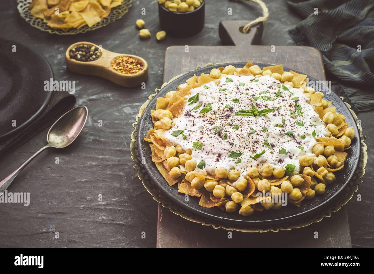 Arabic Cuisine; Lebanese authentic "Fattah" or" Fatteh" with toasted ...
