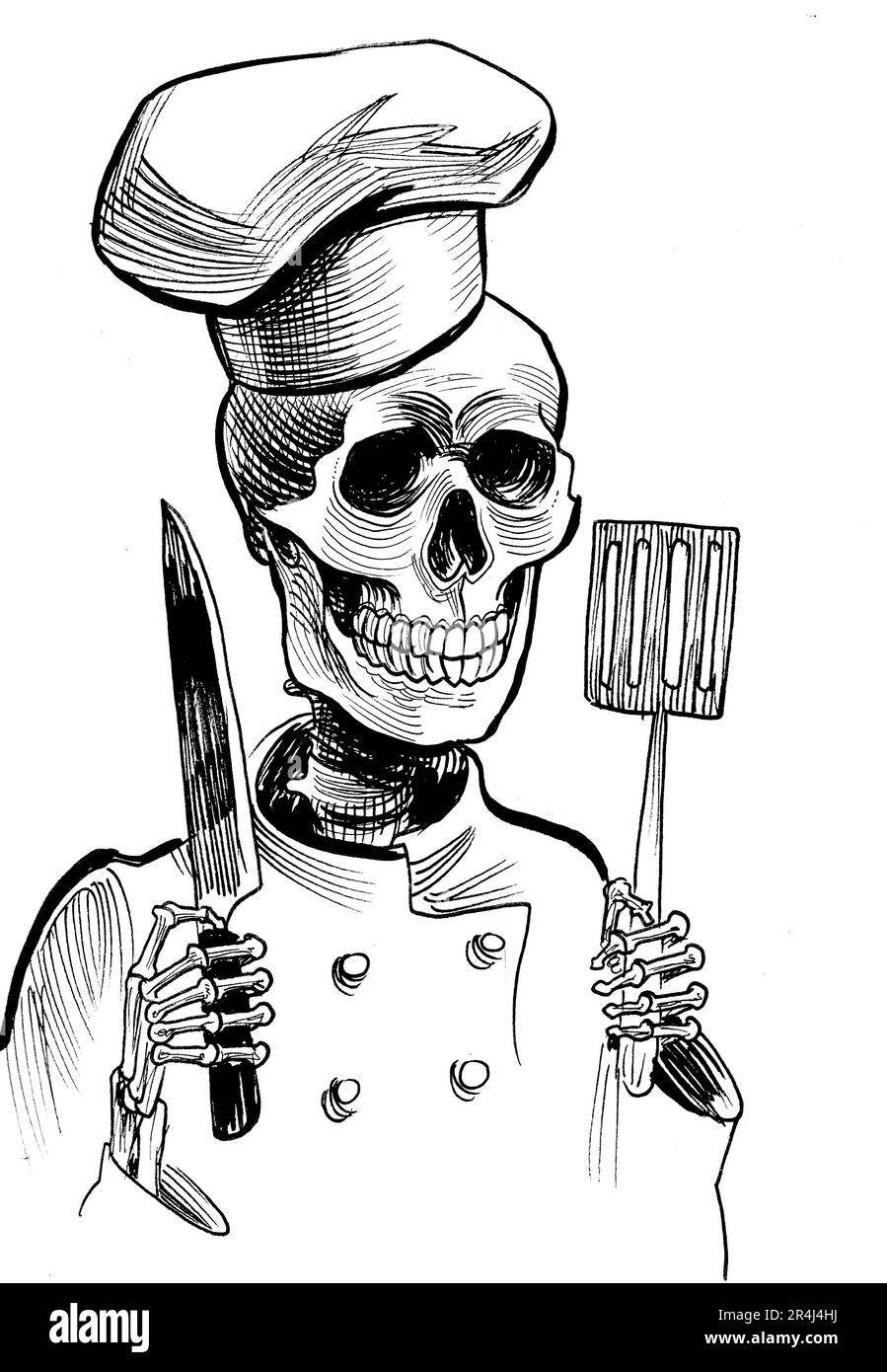 Skeleton in chef hat. Hand drawn black and white ink on paper drawing ...