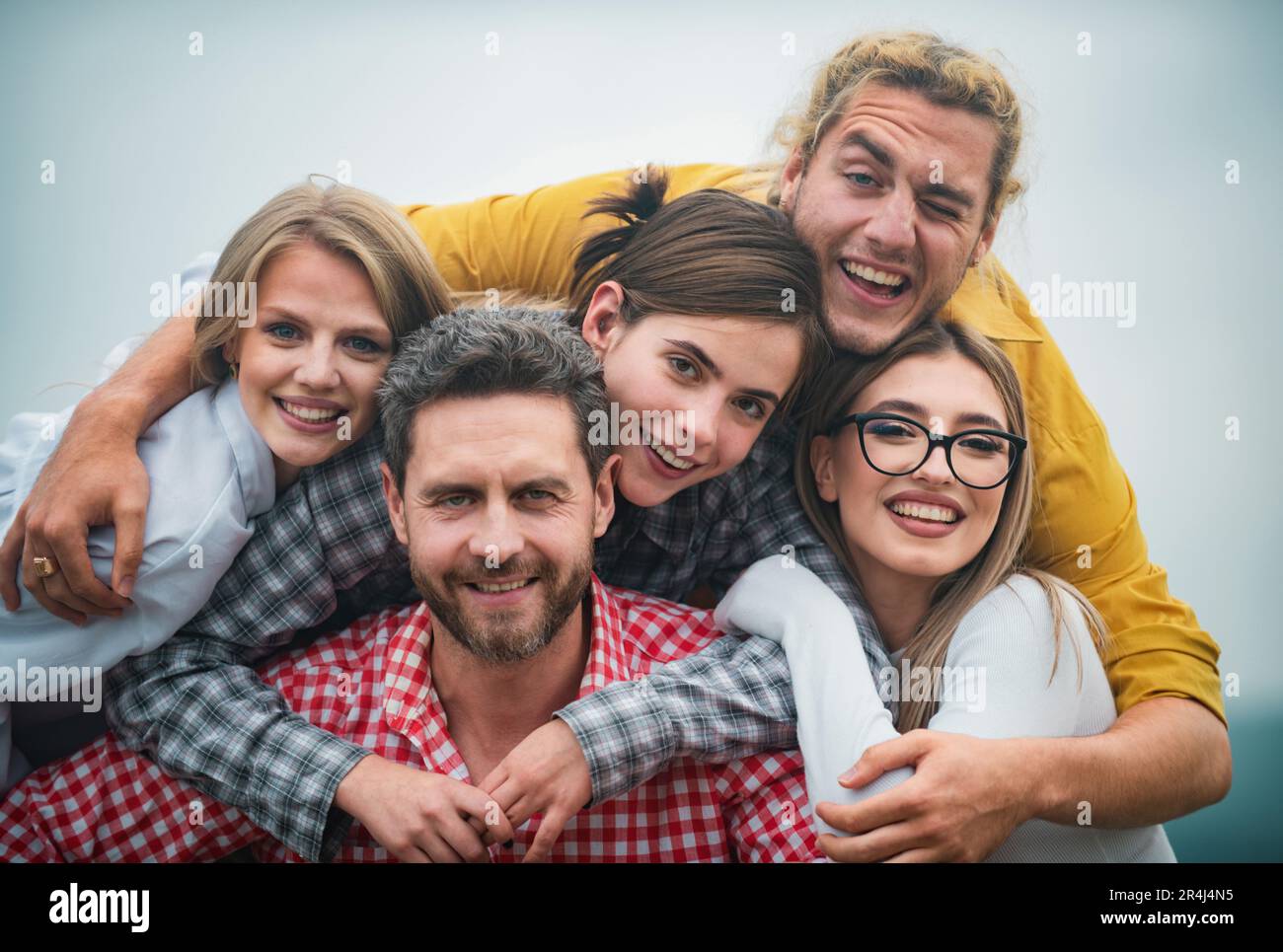 Group of happy people. Smiling friends laughing with thumb up. Company ...