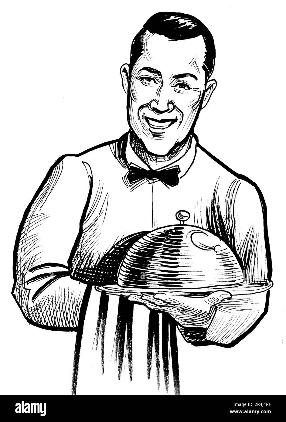 Waiter with a dish. Hand drawn black and white ink on paper drawing ...