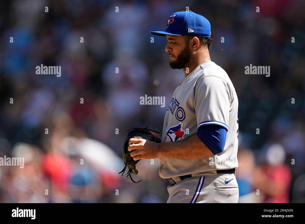 Toronto Blue Jays relief pitcher Yimi Garcia reacts after a solo home ...