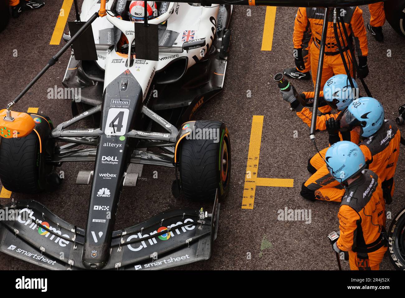 Monaco, Monte Carlo. 28th May, 2023. Lando Norris (GBR) McLaren MCL60 makes a pit stop. 28.05. ...