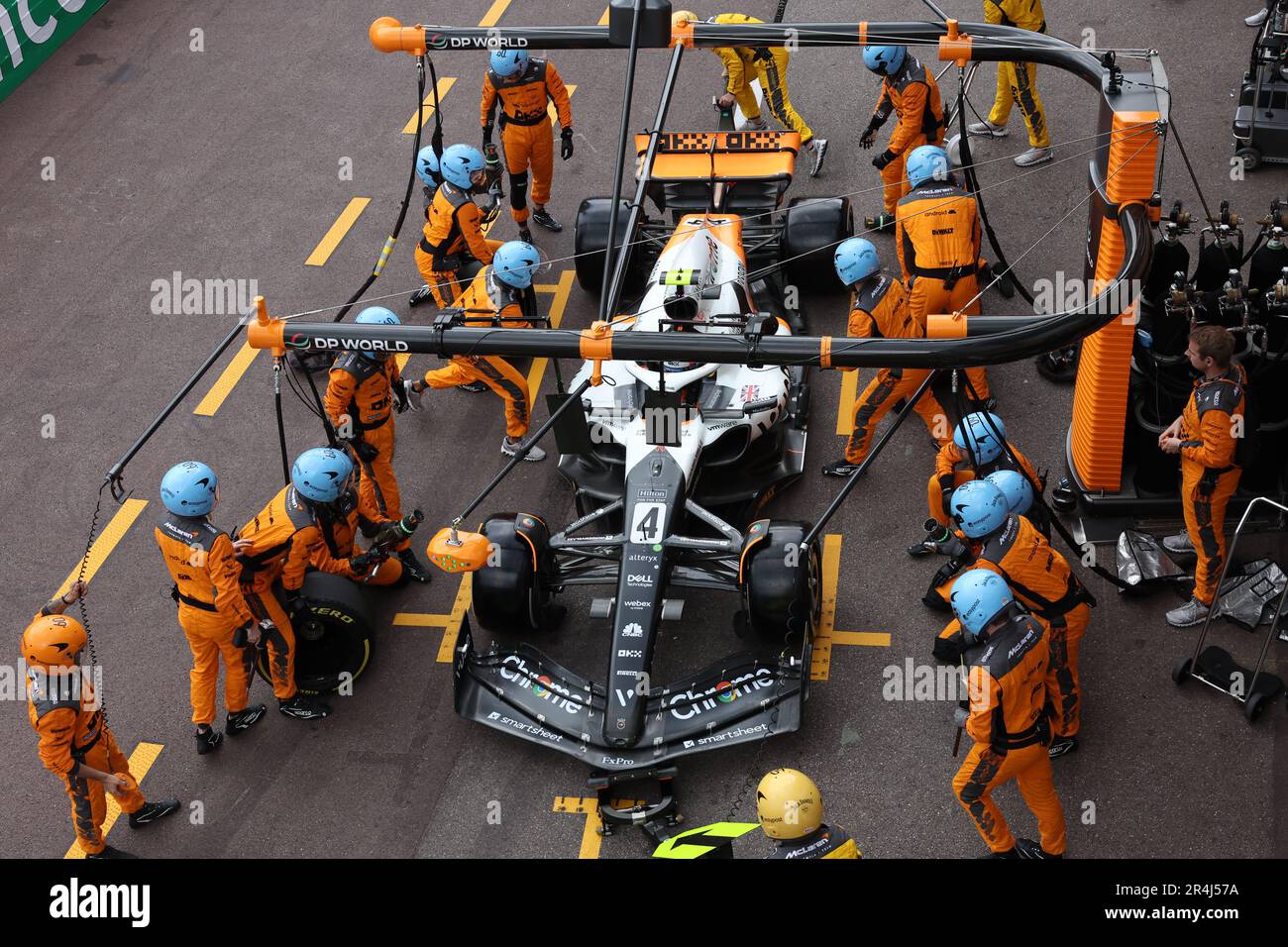 Monaco, Monte Carlo. 28th May, 2023. Lando Norris (GBR) McLaren MCL60 makes a pit stop. 28.05. ...