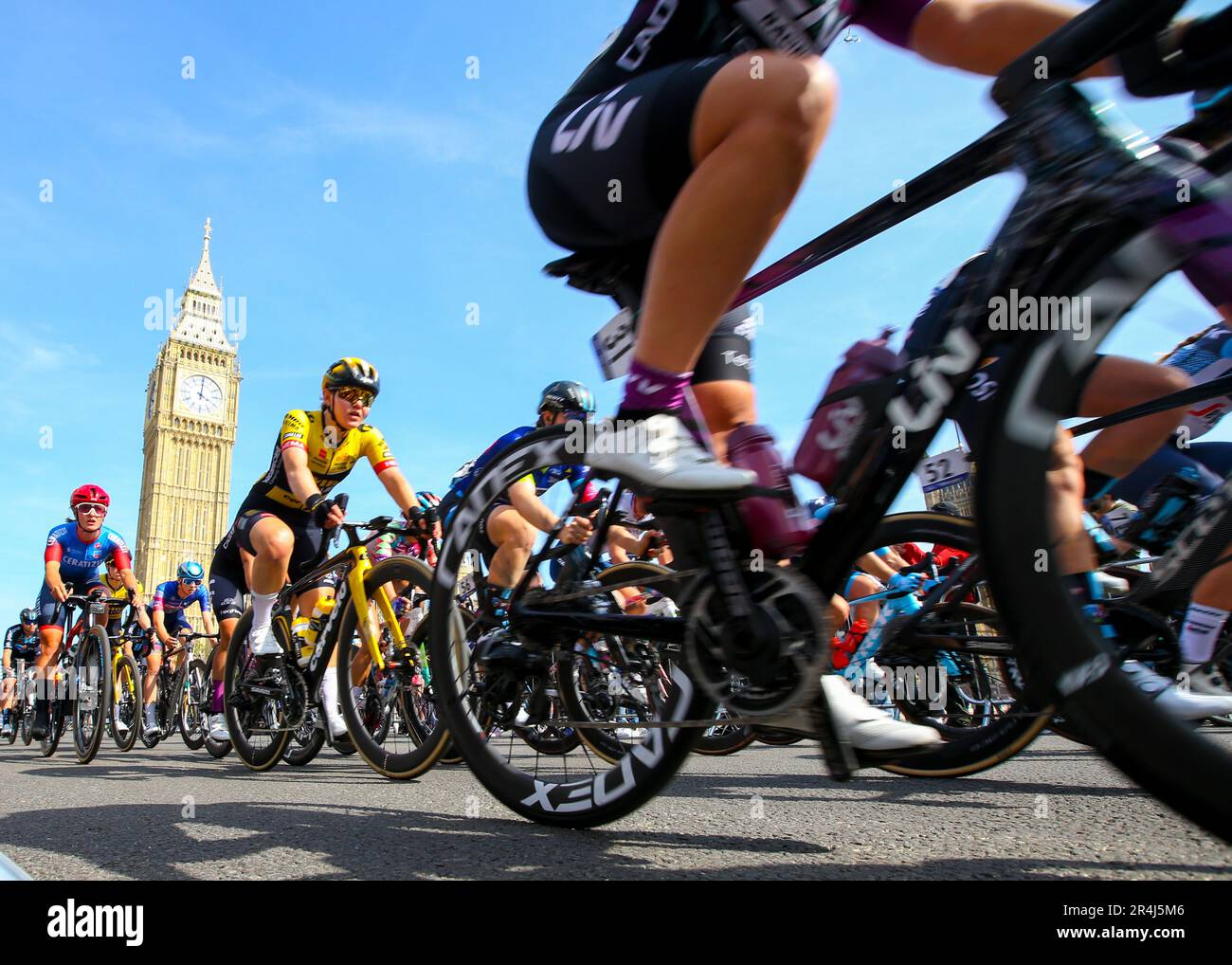 London, UK. 28th May, 2023. The Peloton speed by Big Ben during Ride ...