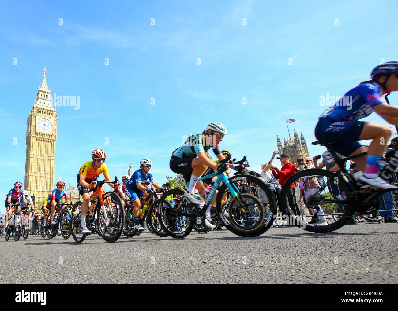 London, UK. 28th May, 2023. The Peloton speed by Big Ben during Ride ...