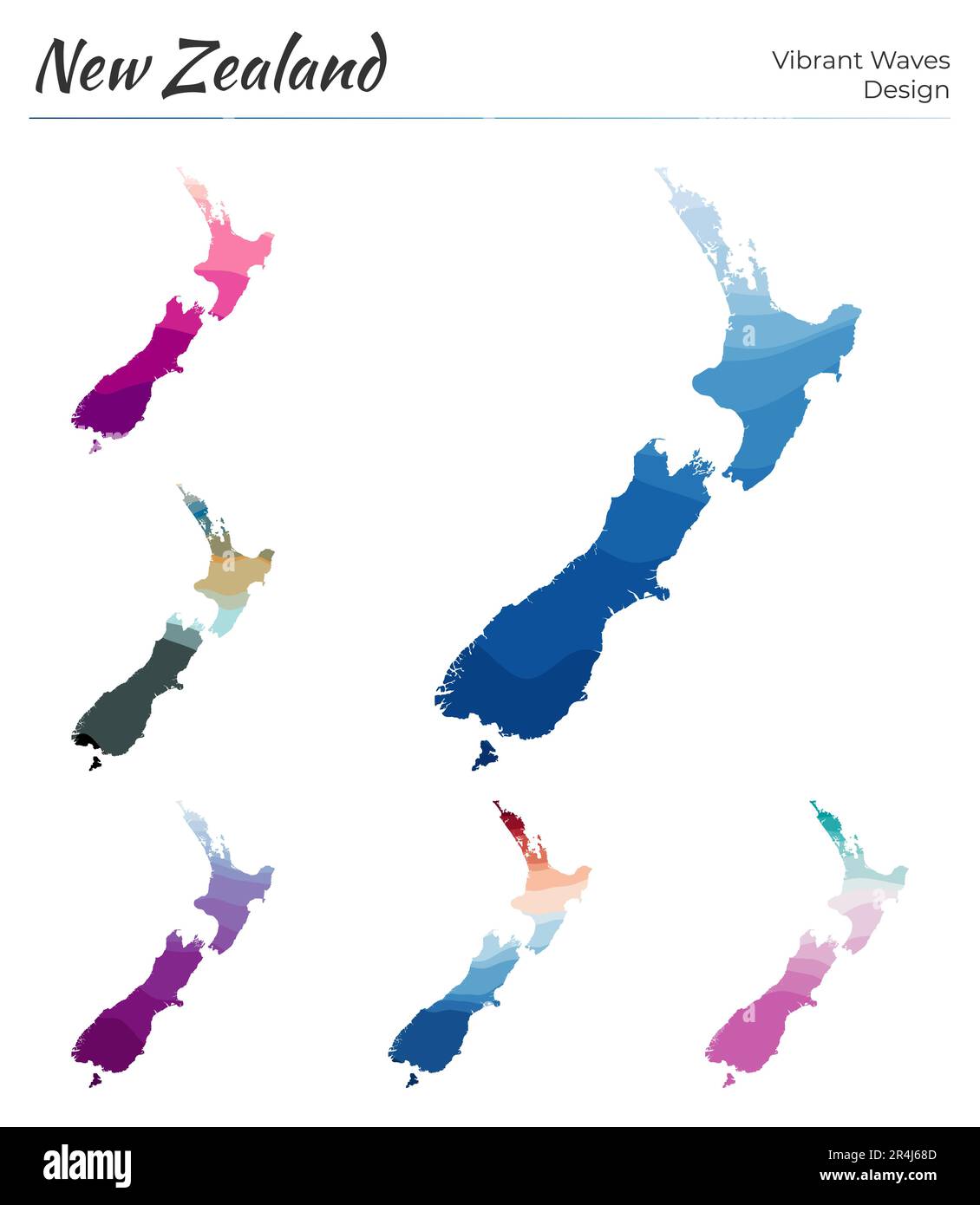 Set of vector maps of New Zealand. Vibrant waves design. Bright map of ...