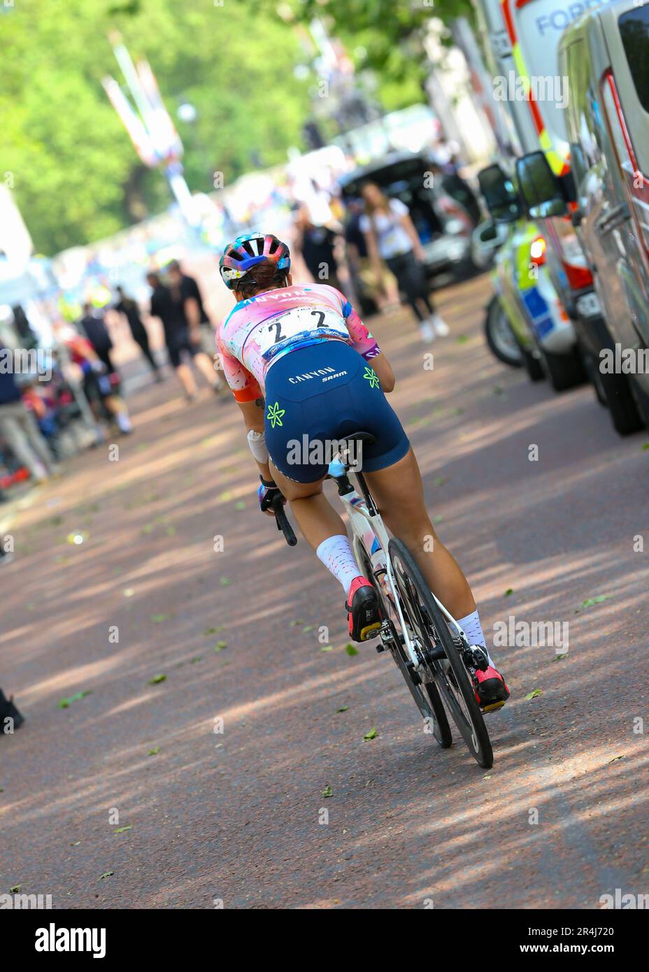 London, UK. 28th May, 2023. Chloe Dygert heads to the start of Ride ...