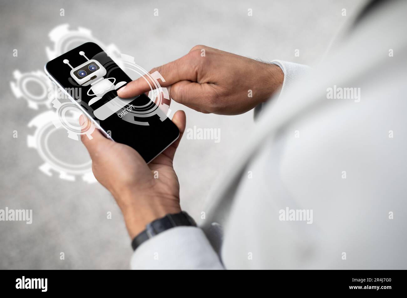 Manager clicking on chat gpt icon on smartphone screen, collage Stock ...