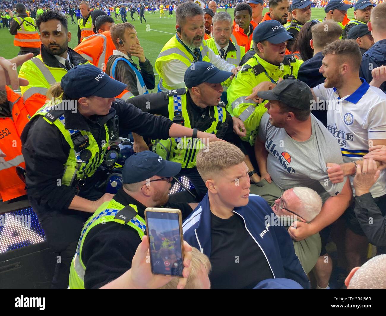 Leeds United supporters clash with Police in the South Stand at Elland ...