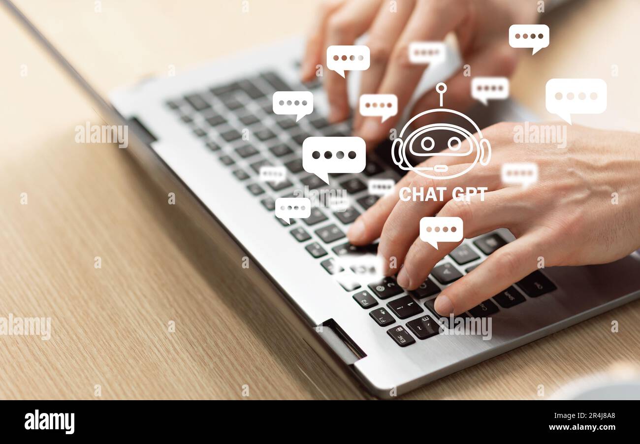 Man hands typing on laptop keyboard, using chat gpt, collage Stock Photo - Alamy