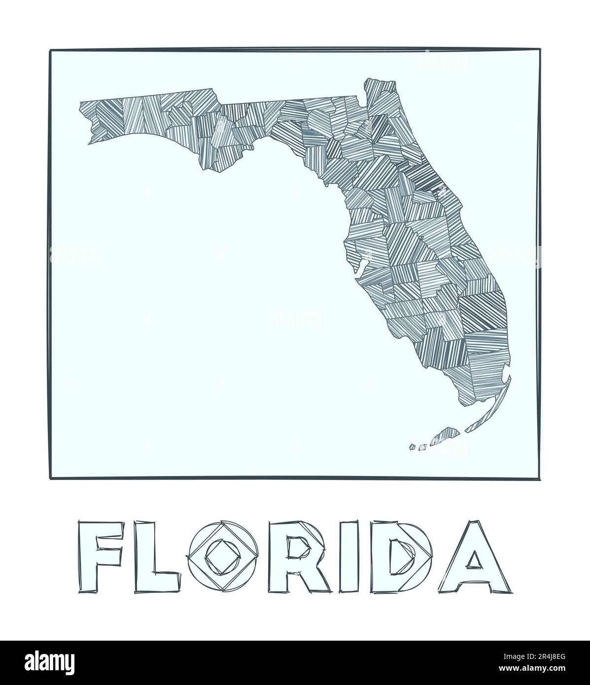 Sketch map of Florida. Grayscale hand-drawn map of the US state. Filled ...