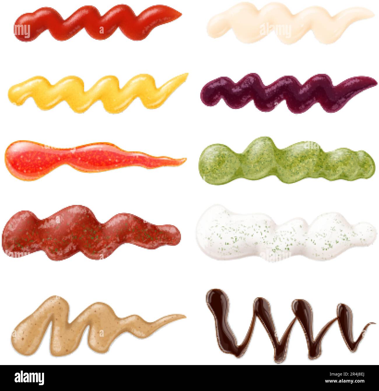 Realistic sauces strips, sauce stain collection. Food toppings, samples of ketchup, mustard ...