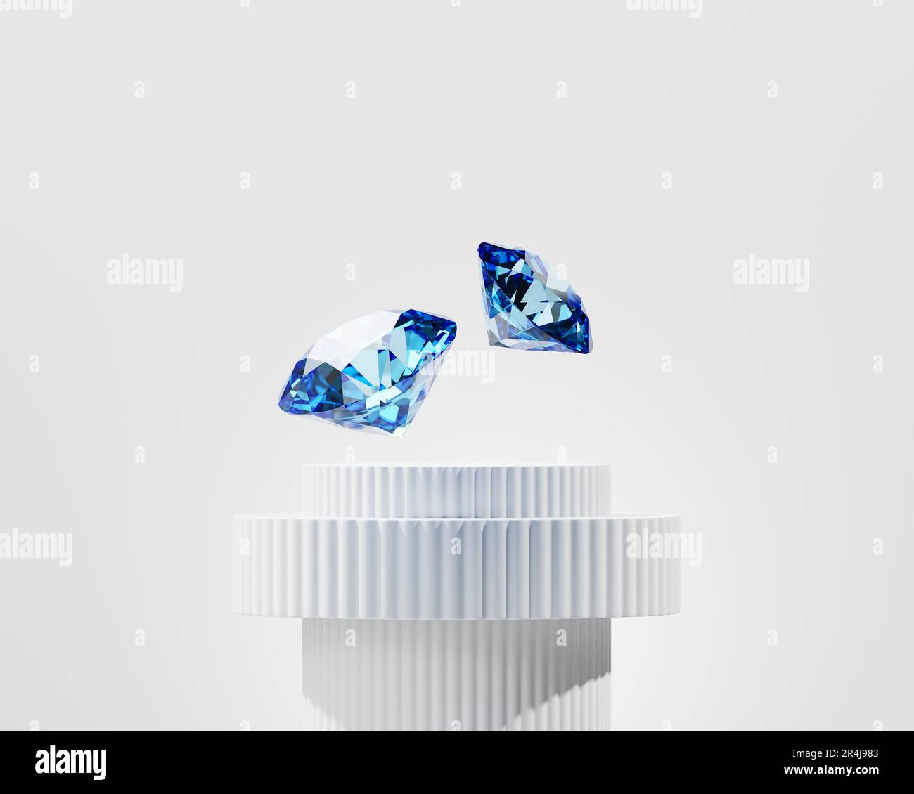 Abstract sapphire blue diamonds gem placed on white pedestal background ...