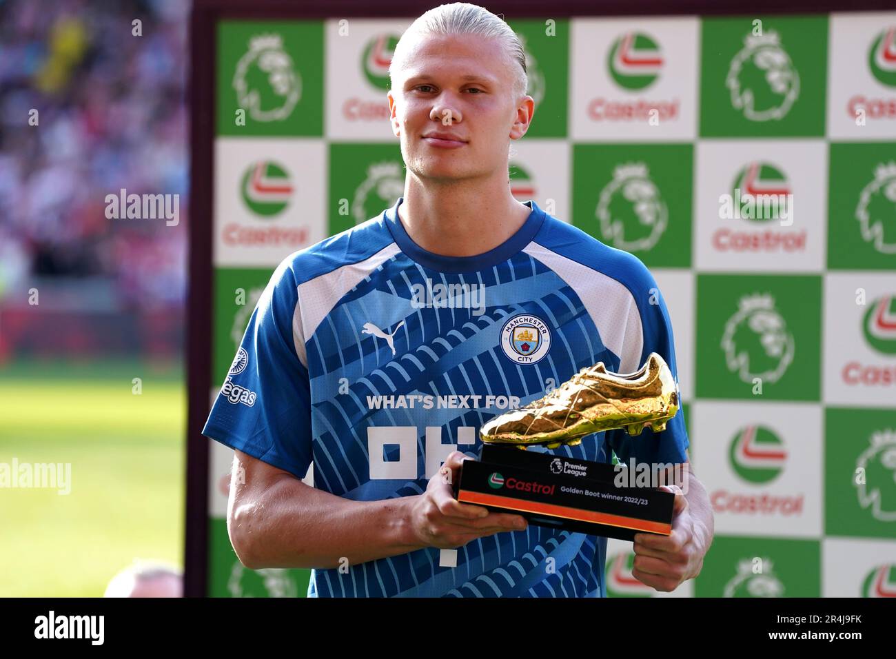 Manchester City's Erling Haaland is presented with the Castrol Golden ...