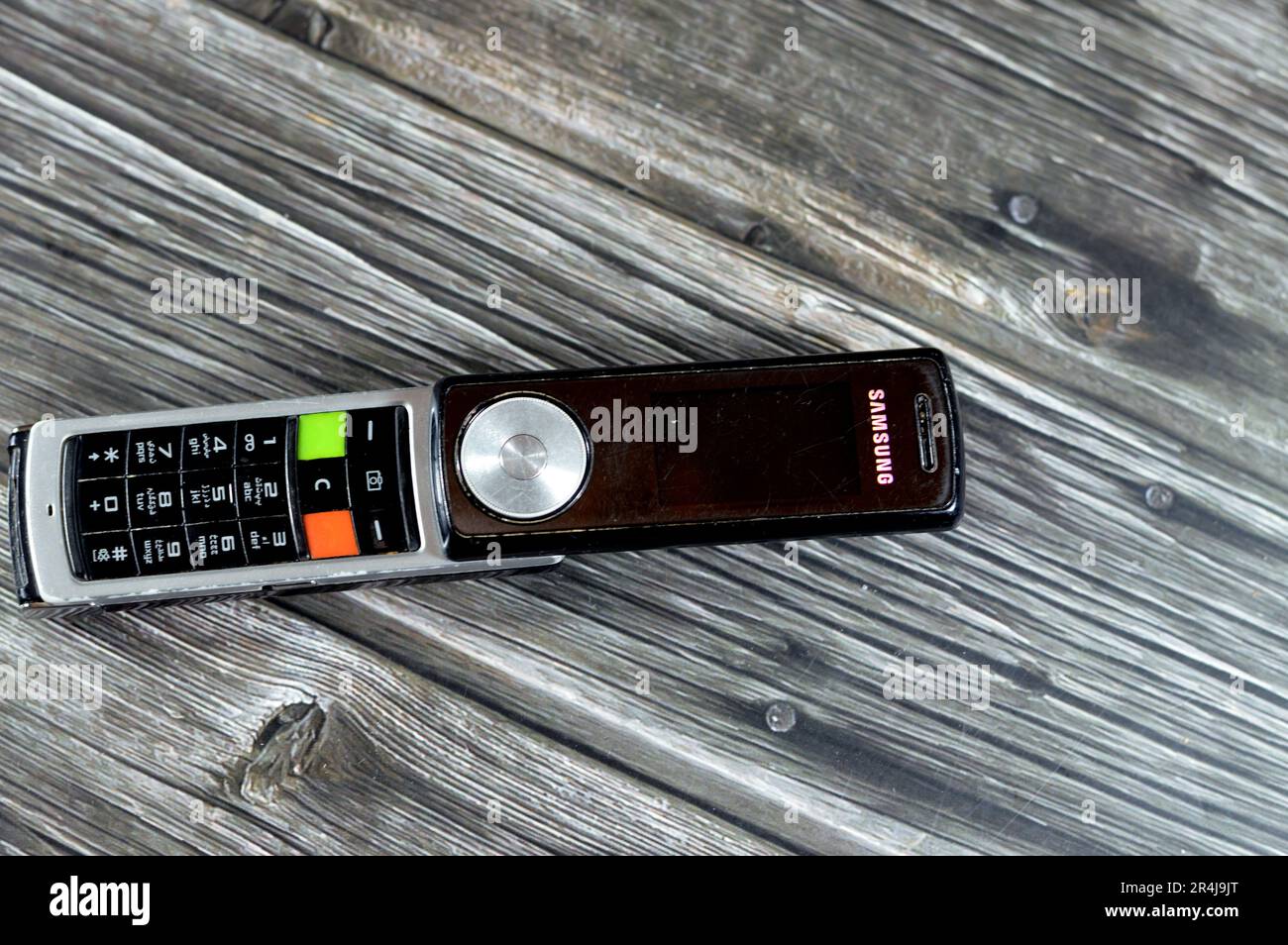 Cairo, Egypt, May 26 2023: Old rotating sliding Samsung mobile cell ...