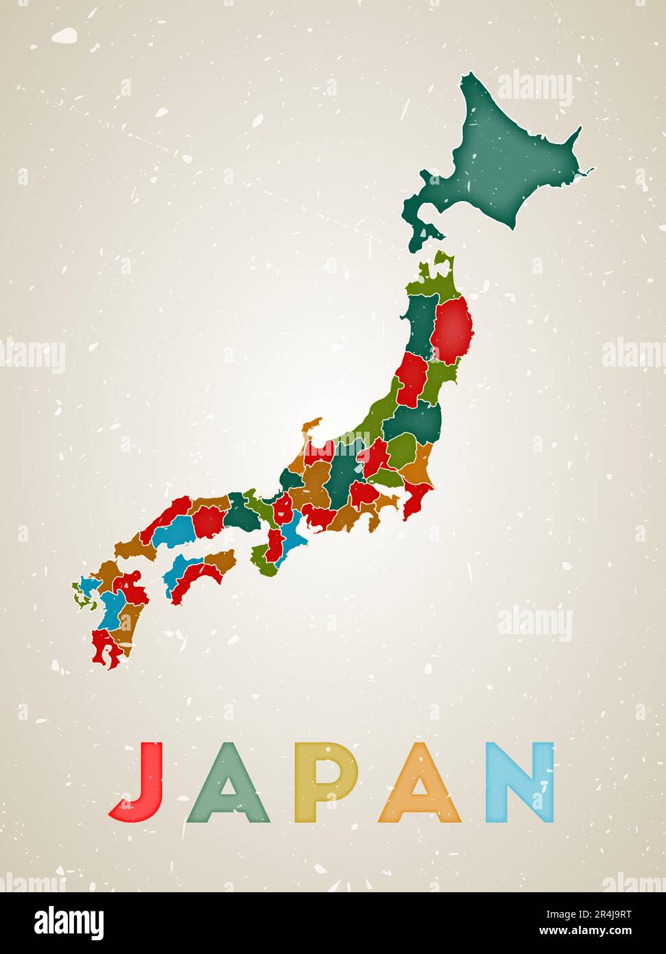 Japan map. Country poster with colored regions. Old grunge texture ...