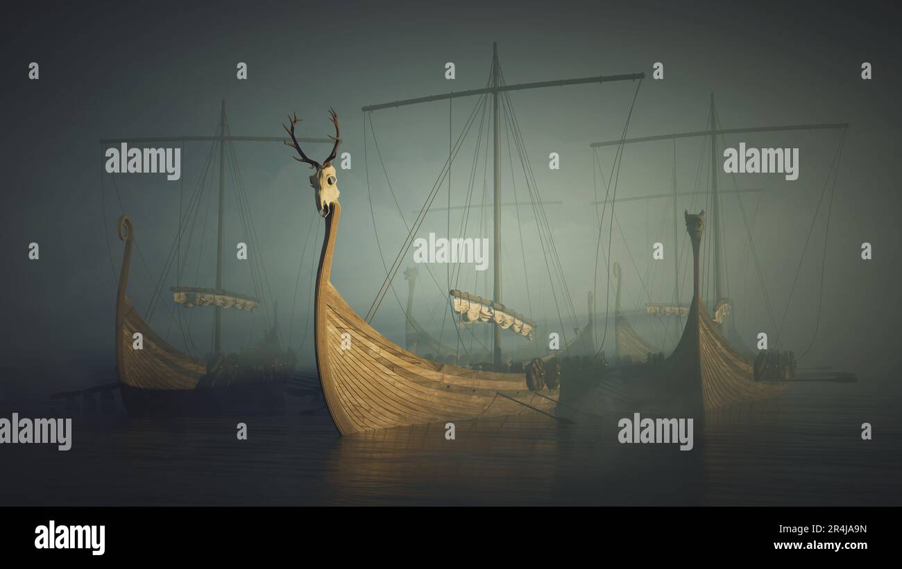 Multiple Viking ships in the calm waters blanketed in a thick ...