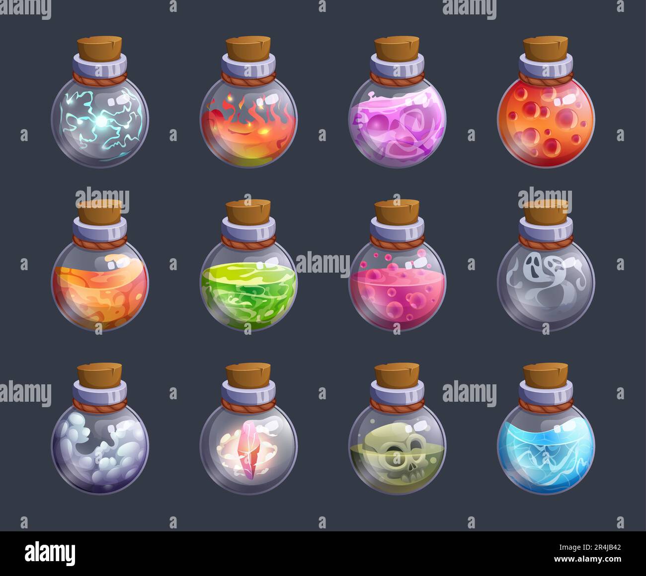 Fairytale poisons. Chemical alchemy colored bottles with liquid poison ...