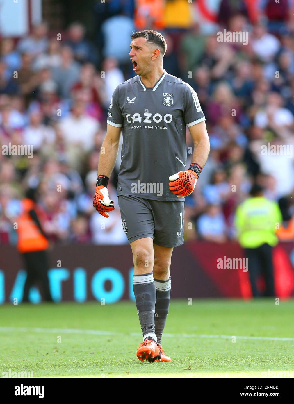 Aston Villa goalkeeper Emiliano Martinez celebrates at the end of the ...