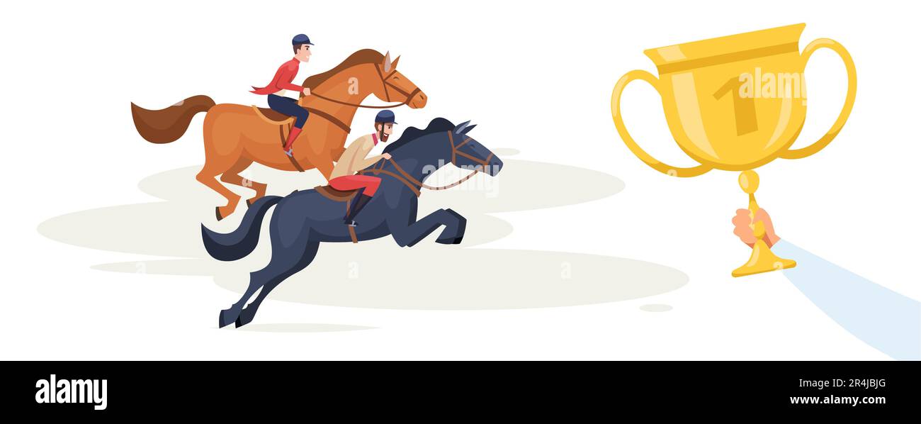 Horse riders. sport equestrian characters moving to golden achievement ...