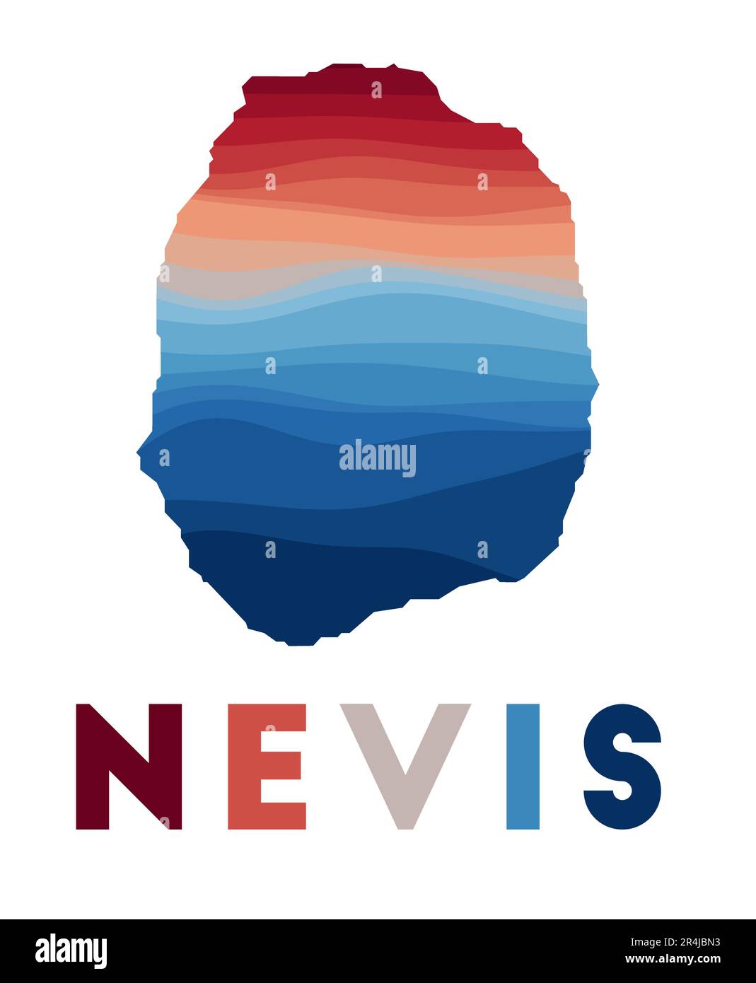 Nevis map. Map of the island with beautiful geometric waves in red and ...