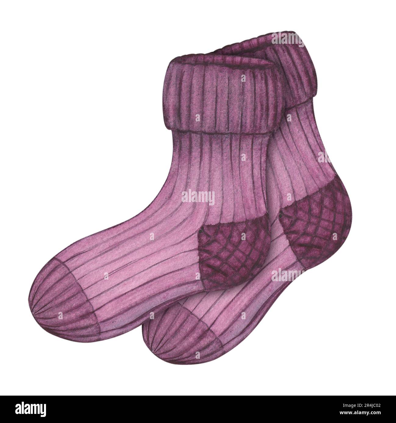 Winter or autumn knitted socks purple on a white background. Hand drawn ...