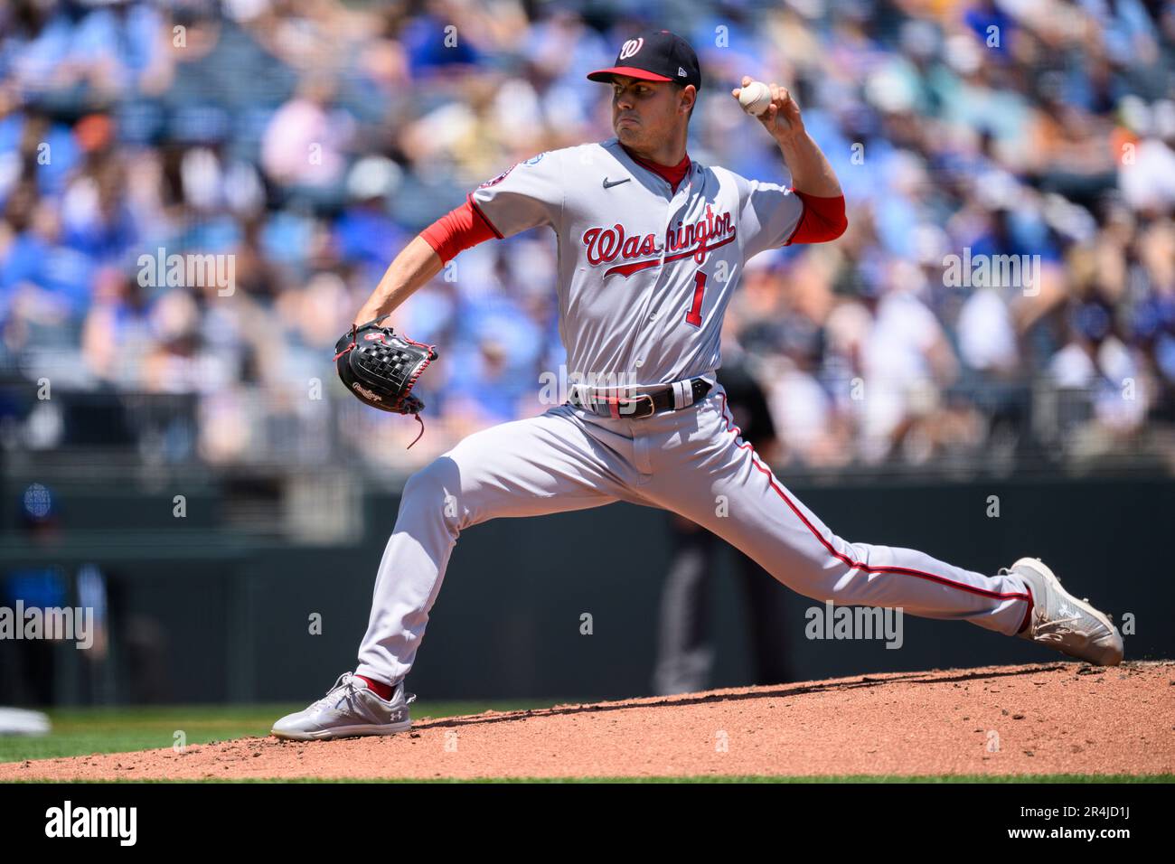 Washington Nationals starting pitcher MacKenzie Gore throws to a Kansas ...