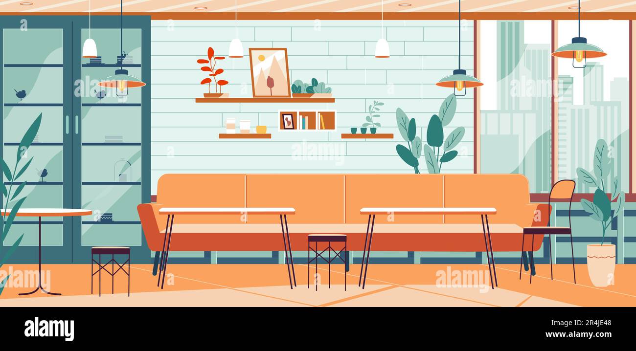 Cafe interior inside. Empty restaurant, nobody cafeteria or coffee shop ...