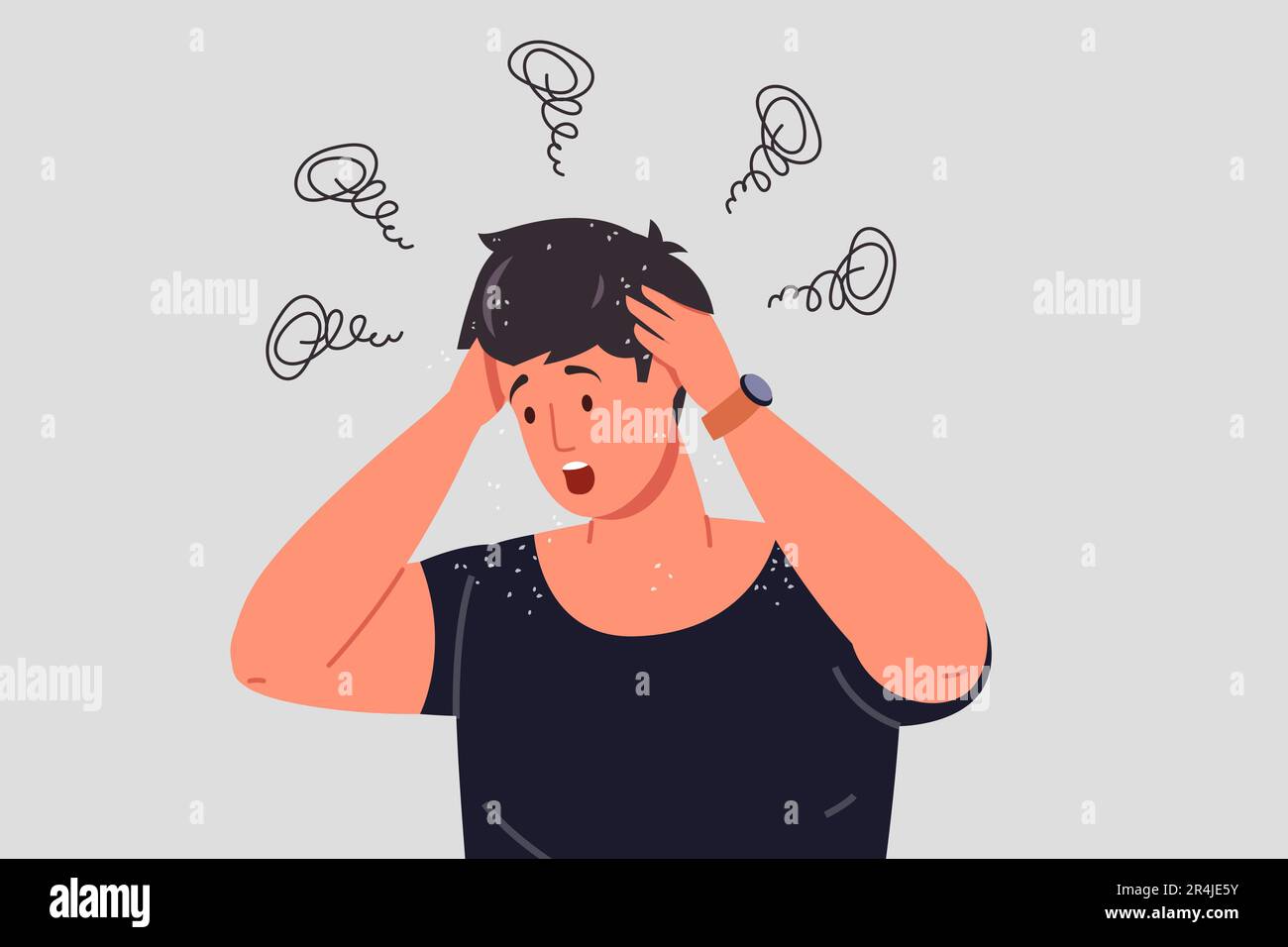 Itchy head. Nervous man scratching scalp of hands, dandruff in messed ...