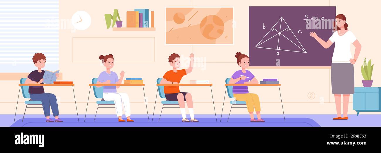 Pupils in class room. Children student group and teacher at chalkboard ...