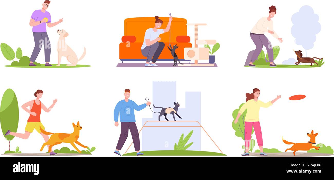 Spending time with pets. People home animals leisure, owners playing ...