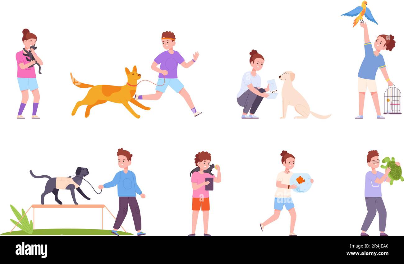 Kids pets care. Little owners of funny domestic animals, children ...