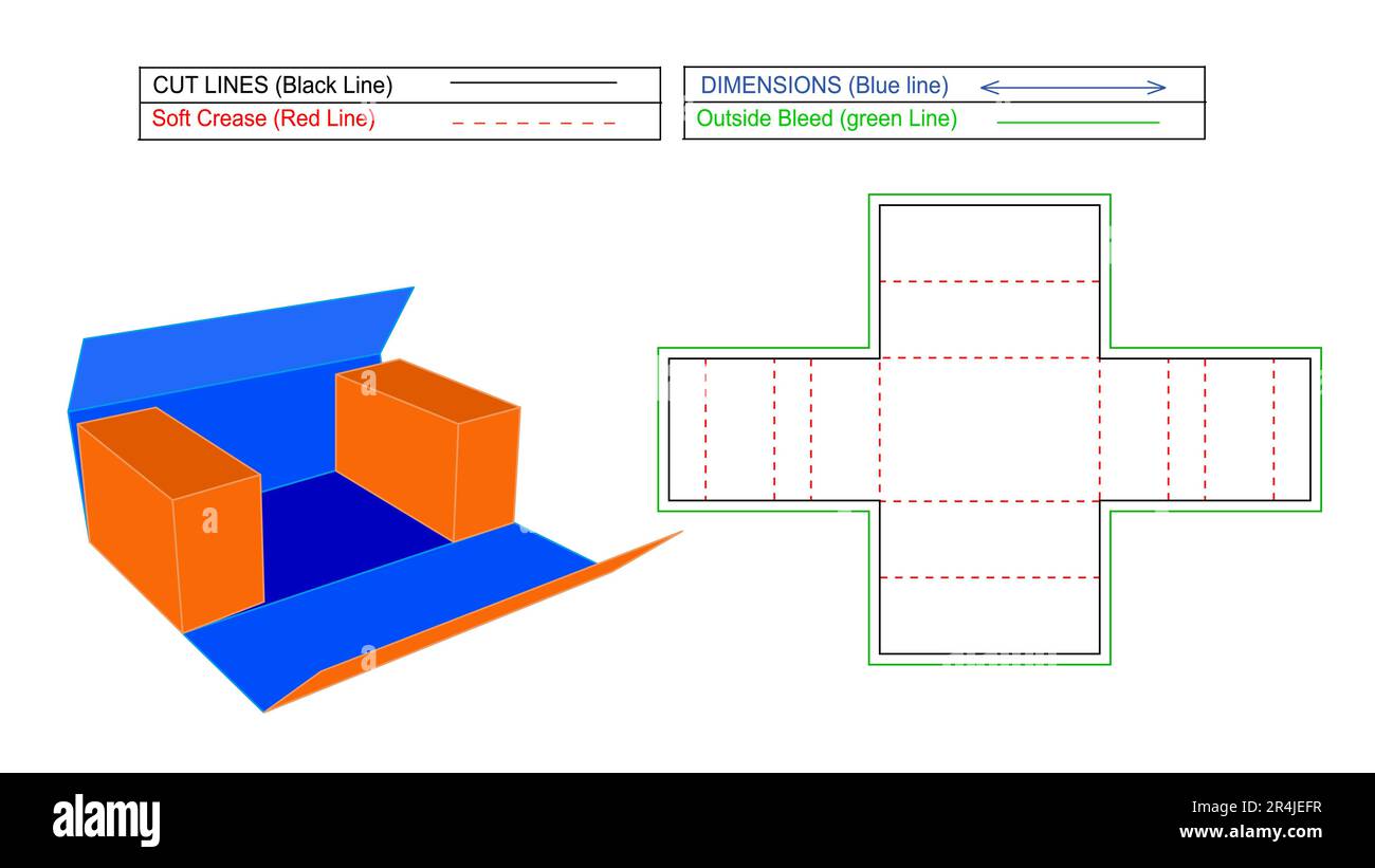 Cut-out FEFCO403 corrugated folding box, cardboard carton box, 3D render with die line template ...