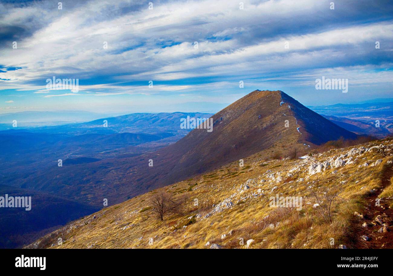 The view from Suva Planina to the snowy peaks of Stara Planina Stock ...