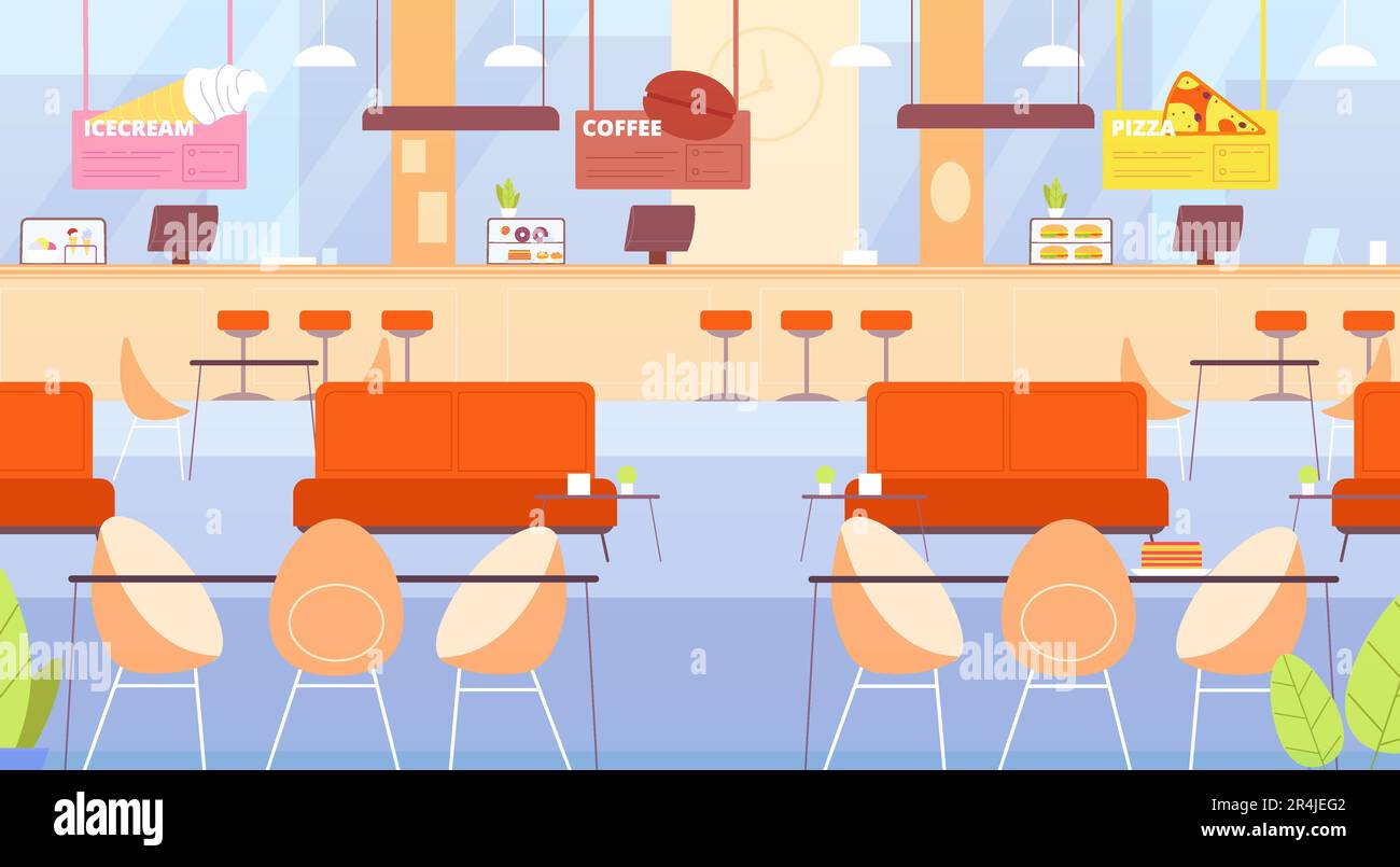 Food court mall. Interior empty hall inside cartoon cafeteria, center lounge restaurant seating ...