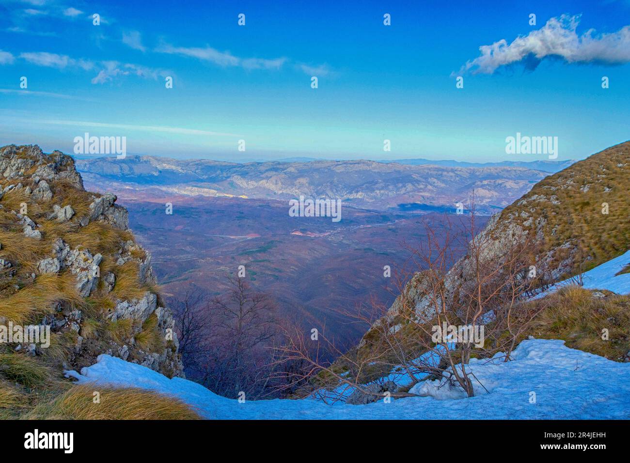 The view from Suva Planina to the snowy peaks of Stara Planina Stock ...