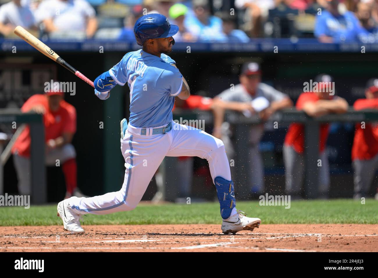 Kansas City Royals' Maikel Garcia flies out to center field during the ...