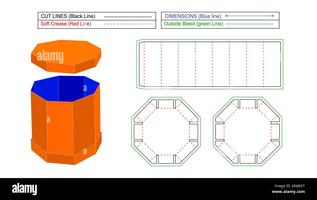 Octagonal Circular 3 lid box by glued assemble die line template 3D ...
