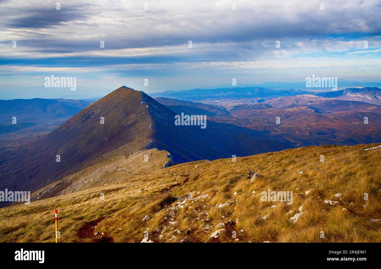 The view from Suva Planina to the snowy peaks of Stara Planina Stock ...