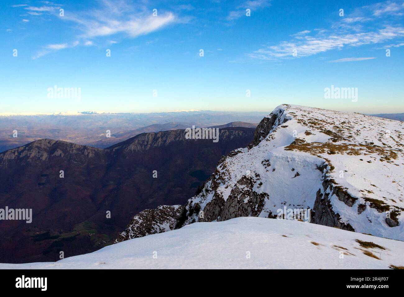 The view from Suva Planina to the snowy peaks of Stara Planina Stock ...
