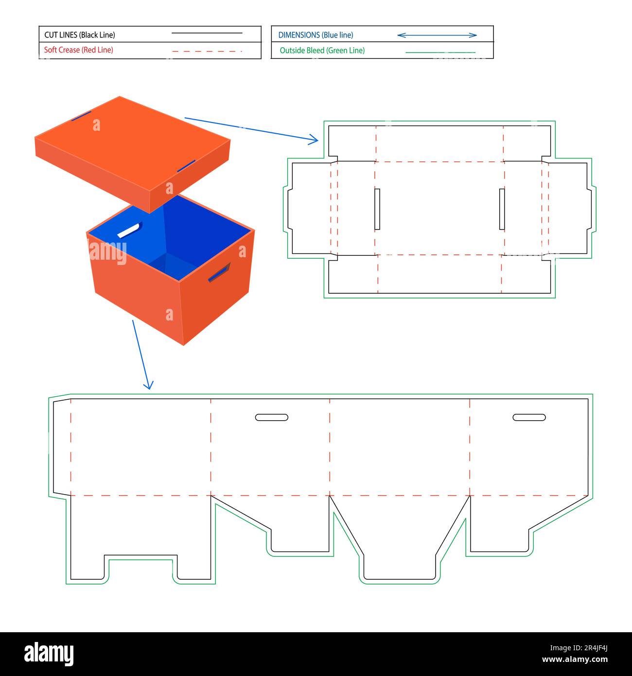 Two lid with holding notch corrugated box die line template and 3D ...