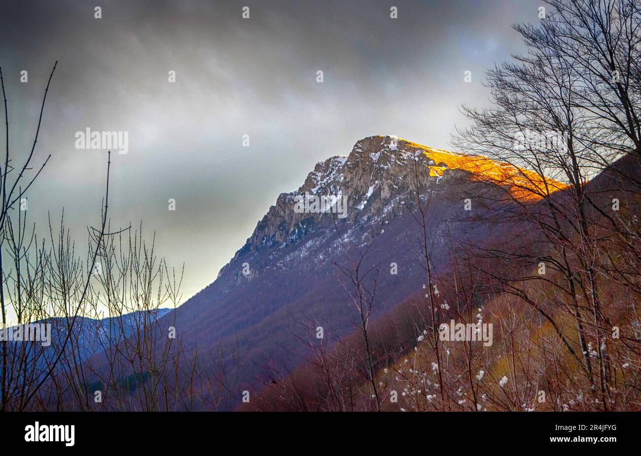 The view from Suva Planina to the snowy peaks of Stara Planina Stock ...