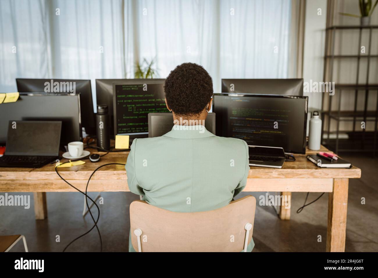Rear view of female programmer working on computer in creative office Stock Photo - Alamy
