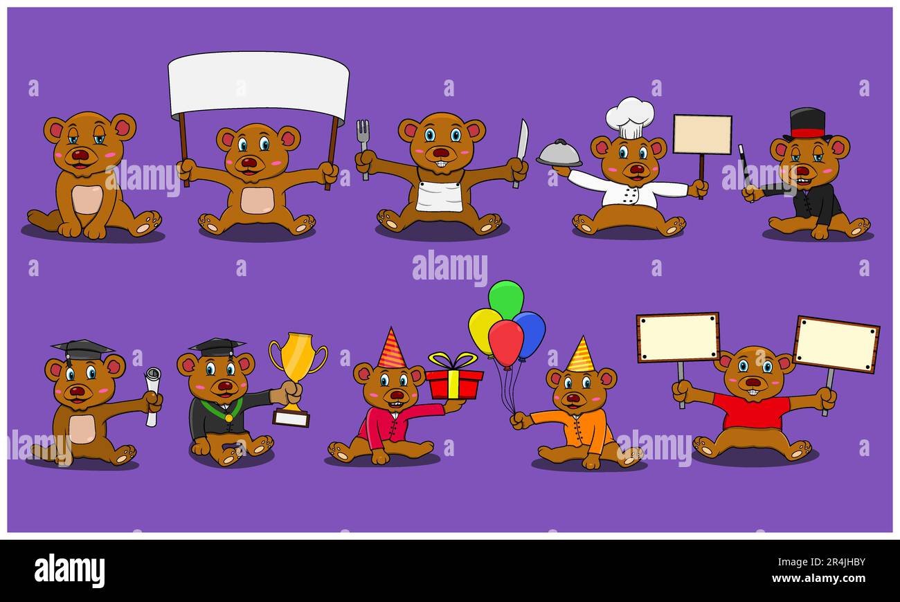 Ten Charaters Bear With Some Model, Purple Colors Background, Mascot ...