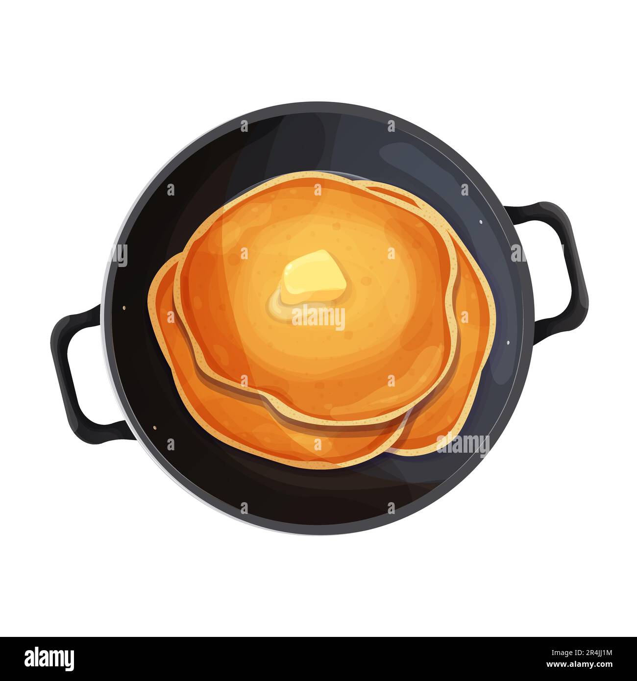 Pancake top view with butter in frying pan, wok in cartoon style ...